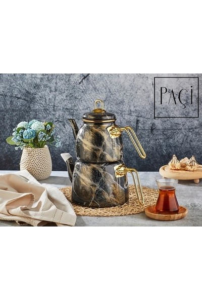Paçi Ince Mermer Desenli Emaye Çaydanlık Takımı Paçi Ince Mermer Desenli Emaye Çaydanlık Takımı