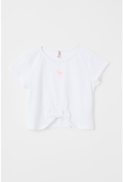 DeFacto Kız Çocuk Flamingo Baskılı Crop Kısa Kollu Tişört U8301A621HS