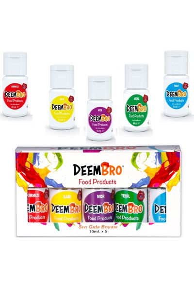 Deembro Sıvı Gıda Boyası Seti 5'li 5 Renk 10 ml x 5'li Su Bazlı Likit Gıda Boyaları Set 1 Deembro Sıvı Gıda Boyası Seti 5'li 5 Renk 10 ml x 5'li Su Bazlı Likit Gıda Boyaları Set 1