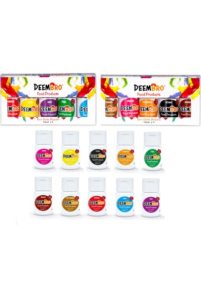 Deembro Su Bazlı Likit Gıda Boyaları 10'lu Set Sıvı Gıda Boyası Seti 10'lu 10 Renk 10 ml x 10'lu Deembro Su Bazlı Likit Gıda Boyaları 10'lu Set Sıvı Gıda Boyası Seti 10'lu 10 Renk 10 ml x 10'lu