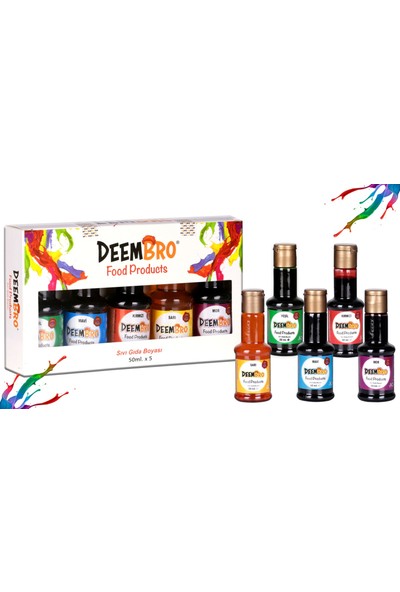 Deembro Su Bazlı Likit Gıda Boyaları Toplam 250 ml Sıvı Gıda Boyası Seti 5'li 5 Renk 50 ml x 5'li Deembro Su Bazlı Likit Gıda Boyaları Toplam 250 ml Sıvı Gıda Boyası Seti 5'li 5 Renk 50 ml x 5'li