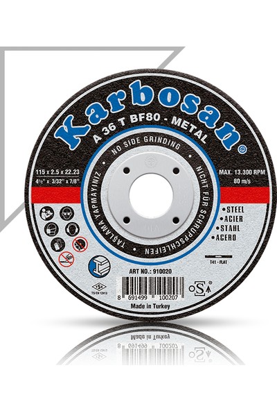 Karbosan 125X3.0X22.23 910920 A 36 T BF80 Düz Metal Ince Kesme Taşı