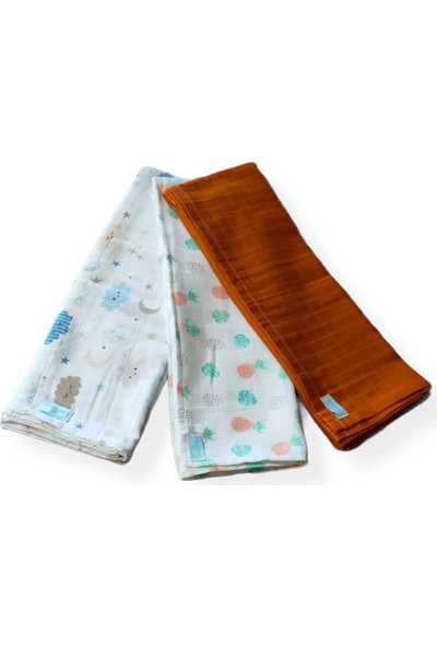 Majkabeba Mutlu Bulutlar Turuncu Ananas Tarçın 3'lü Set Pamuk Bebek & Çocuk Müslin Örtü 100 x 100 cm