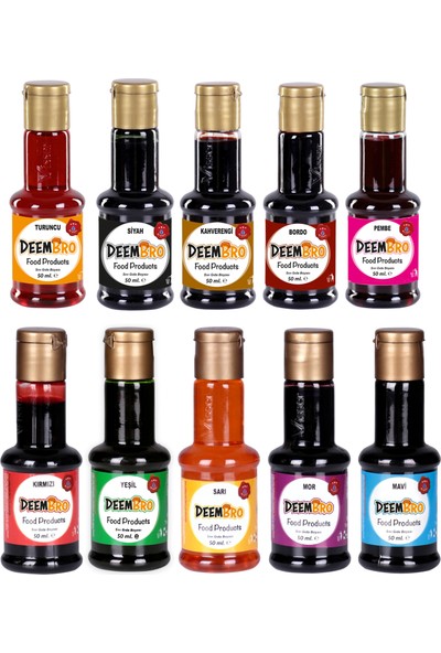 Deembro Sıvı Gıda Boyası Seti 10'lu 10 Renk 50 ml X10 Su Bazlı Likit Gıda Boyaları Sıvı Gıda Boyaları Deembro Sıvı Gıda Boyası Seti 10'lu 10 Renk 50 ml X10 Su Bazlı Likit Gıda Boyaları Sıvı Gıda Boyaları