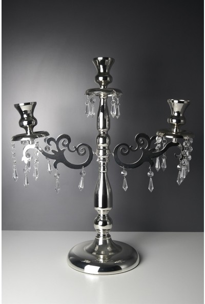 Ambiente Gümüş Renk Metal 3 Kollu Taş Detaylı Şamdan Ambiente Gümüş Renk Metal 3 Kollu Taş Detaylı Şamdan