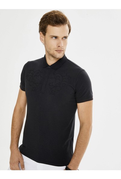 Laperle Polo Yaka Nakışlı Modal Slim Fit Tişört Siyah