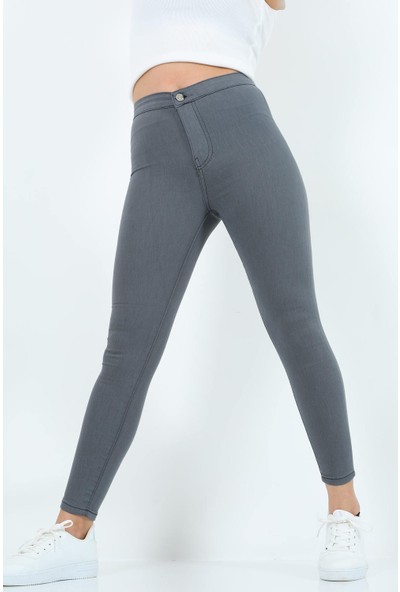 Nacar Çarşı Kadın Dar Paça Likralı Gri Keten Pantolon