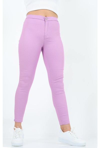 Nacar Çarşı Kadın Dar Paça Likralı Lila Keten Pantolon