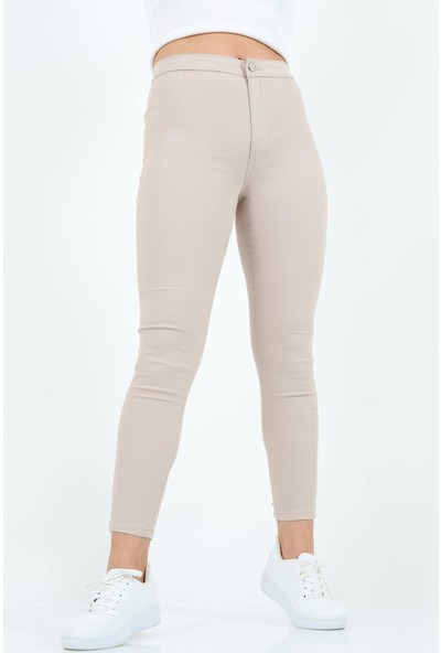 Nacar Çarşı Kadın Dar Paça Likralı Vizon Keten Pantolon