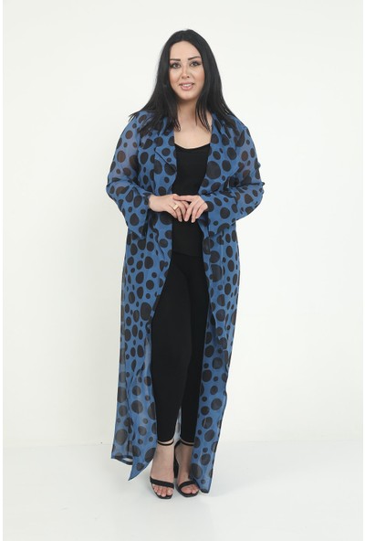 Disentis Modest Büyük Beden Mendil Yaka Puanlı Kolları Yırtmaç Detaylı Uzun Indigo Kimono&kaftan