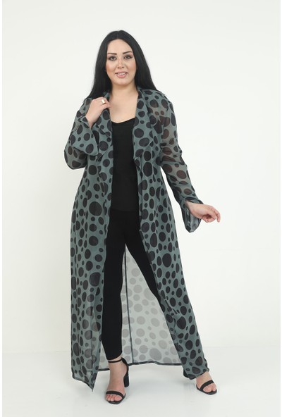 Disentis Modest Büyük Beden Mendil Yaka Puanlı Kolları Yırtmaç Detaylı Uzun Haki Kimono&kaftan