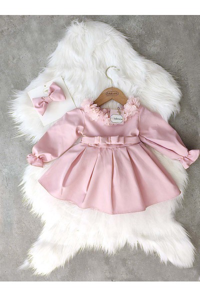 Uzun Kol Yaka Çiçekli Kız Bebek Elbise / Toka Hediyeli