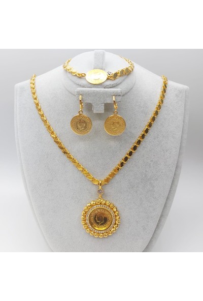 Zeygold 22 Ayar Altın Kaplama Pullu Zincirli Dorikalı Kolye Küpe Bileklik Set Zeygold 22 Ayar Altın Kaplama Pullu Zincirli Dorikalı Kolye Küpe Bileklik Set