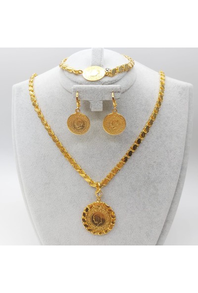 Zeygold 22 Ayar Altın Kaplama Pullu Zincirli Çeyrek Altınlı Kolye Küpe Bileklik Set Zeygold 22 Ayar Altın Kaplama Pullu Zincirli Çeyrek Altınlı Kolye Küpe Bileklik Set