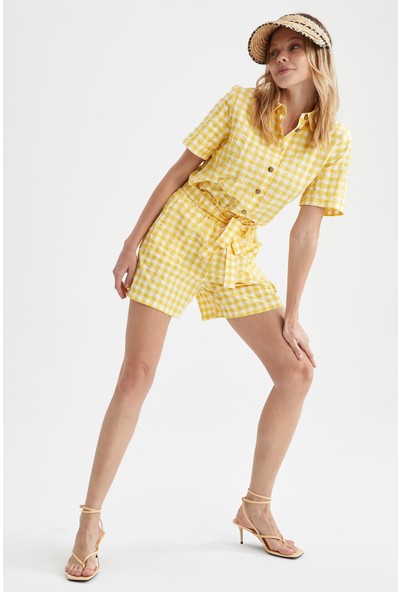 Defacto Pötikareli Yüksek Bel Kuşaklı Bermuda Şort U9429AZ21SM