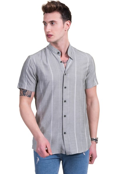 Exve Exclusive Çağla Yeşili Dikine Dama Çizgili Keten Hakim Yaka Kısa Kollu Gömlek