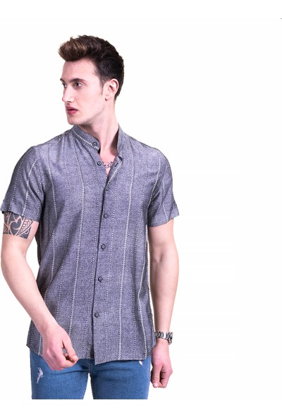 Exve Exclusive Gri Dikine Dama Çizgili Keten Hakim Yaka Kısa Kollu Gömlek