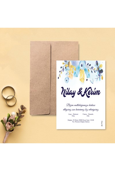 Yaren Davetiye Davetiye Düğün Nişan Nikah Kına Sünnet Kraft Zarflı 100 Adet