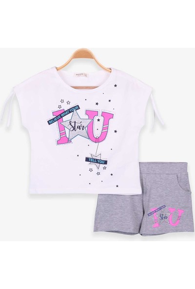 Breeze Kız Çocuk Kapri Taytlı Takım Omuzu Büzgülü Ekru (6-12 Yaş)