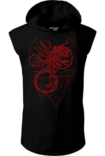 Artaport Design Soyut Ağaç Tasarım Kapüşonlu Kolsuz Siyah T-Shirt