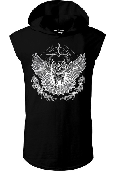 Artaport Design Minerva Baykuş Tasarım Kapüşonlu Kolsuz Siyah T-Shirt