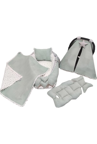 Bebekatölyesi Babynest 5 Parça Set Petek Desen Yeşil Gri Yıldız Desen Bebekatölyesi Babynest 5 Parça Set Petek Desen Yeşil Gri Yıldız Desen