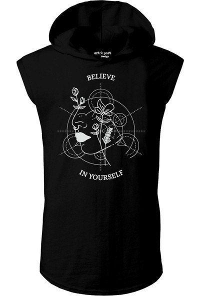Artaport Design Believe In Yourself Baskılı Kapüşonlu Kolsuz Siyah T-Shirt Artaport Design Believe In Yourself Baskılı Kapüşonlu Kolsuz Siyah T-Shirt