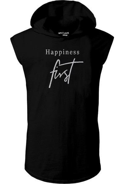 Artaport Design Happiness Kapüşonlu Kolsuz Gümüş Yaldız Desen Siyah T-Shirt