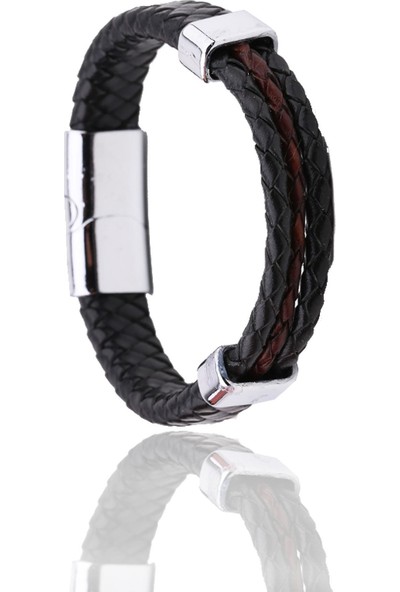 Kravatkolik Siyah Kahverengi Detaylı Deri Çelik Erkek Bileklik BLK1659