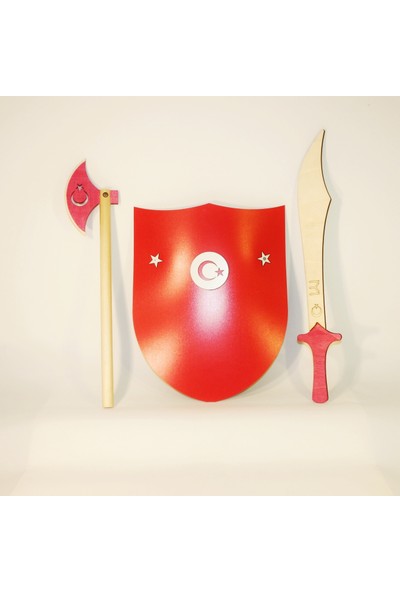 Diriliş Ahşap Kalkan Balta Kılıç Set Türk Bayrağı Serisi