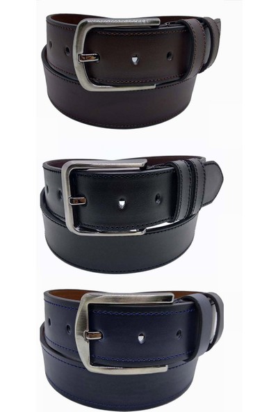 Gutiero Erkek Deri Kemer 3'lü Siyah Kahverengi Lacivert Dikişli 4 cm