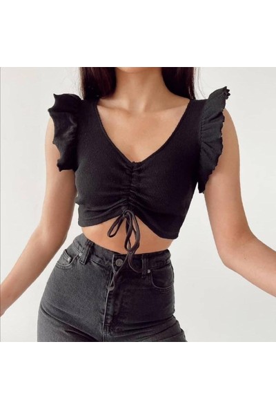 Schaydo Kadın Siyah Pamuk Kumaş V Yaka Askılı Fırfırlı Kol Detaylı Büstiyer