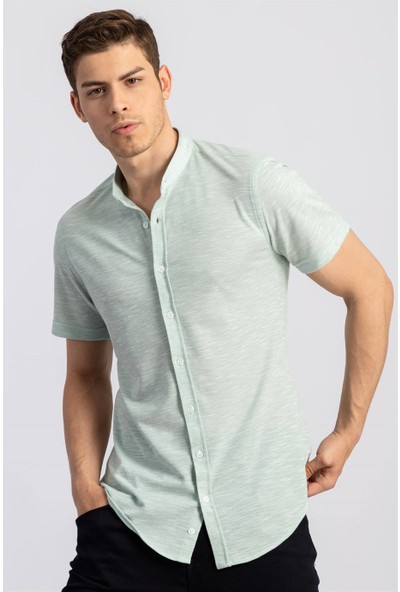 Tudors Slim Fit Keten Dokuma Hakim Yaka Acık Yeşil Gömlek