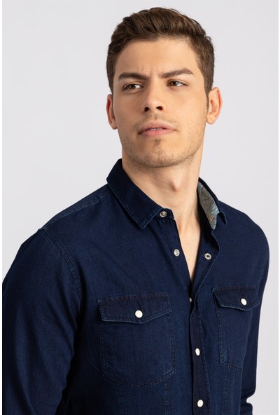 Tudors Slim Fit Lacivert Denim Erkek Gömlek