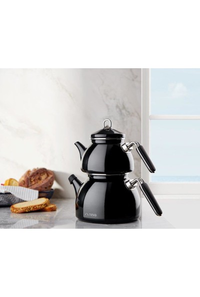 Neva NV10020 Siyah Emaye El Yakmayan Kulplu Büyük Boy Çaydanlık Takımı