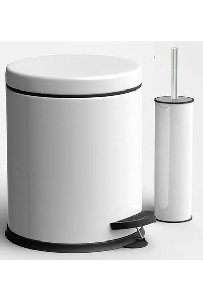 SAS Pedallı Çöp Kovası Tuvalet Wc Fırçası Banyo Çöp Kovası 2'li Banyo Seti Beyaz 12 Litre