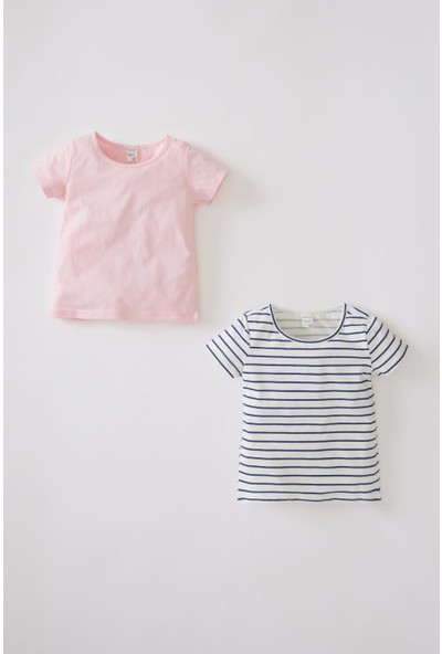 Defacto Kız Bebek Çizgili 2'li Kısa Kollu Pamuklu Tişört V2550A221SM