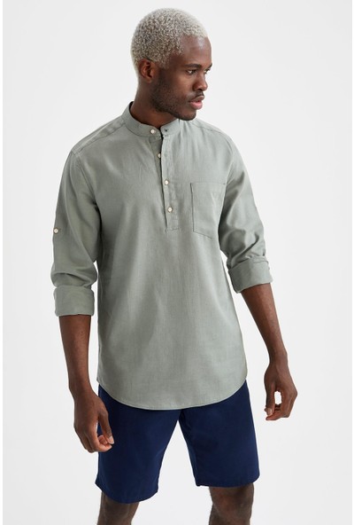DeFacto Slim Fit Hakim Yaka Uzun Kollu Keten Gömlek