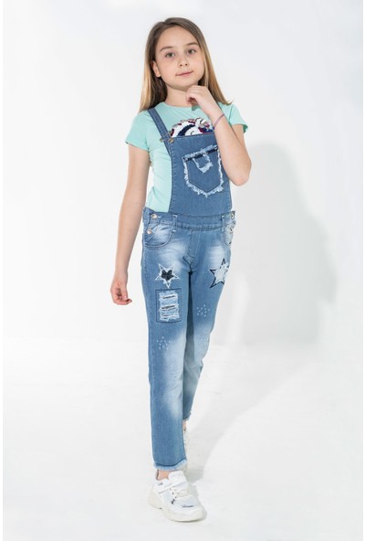 Restfull Kız Çocuk Pantolon Salopet Pullu Yıldız Nakışlı