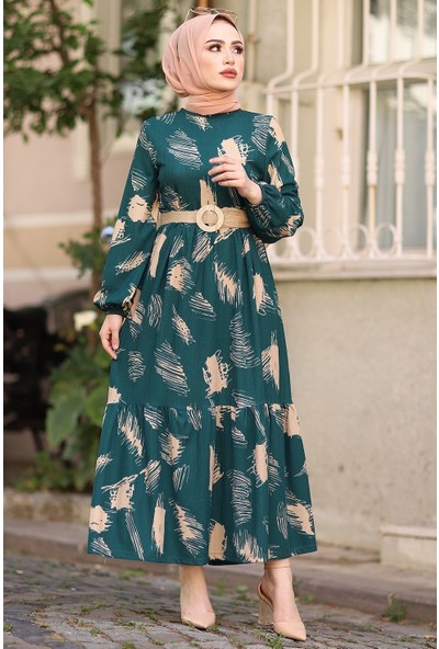 Bestenur Fırça Desen Kemerli Elbise - Petrol Y.