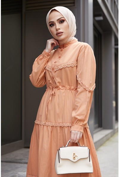 Bestenur Güpür Detay Balon Kol Elbise - Somon