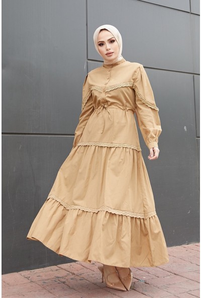 Bestenur Güpür Detay Balon Kol Elbise - Vizon