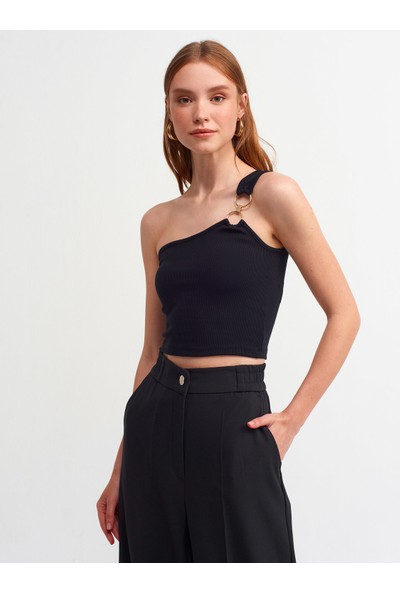 Dilvin 3781 Tek Omuzlu Crop Top-Siyah