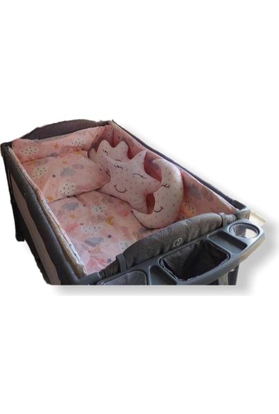 Bebek Özel Pamuklu Park Beşik Bebek Uyku Seti 9 Parça (Somon Bulutlu/pembe Yıldızlı)
