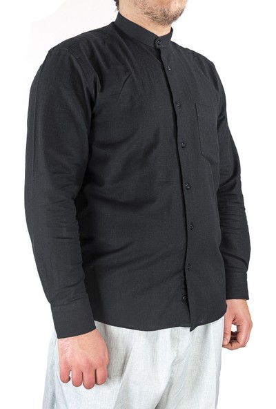 Lüks Hakim Yaka Yazlık Keten Gömlek Siya