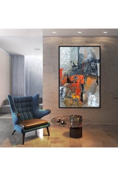 Tablo Plus Yellow Orange Abstract Yağlı Boya Dokulu Tablo 120CM x 200CM Siyah Çerçeveli
