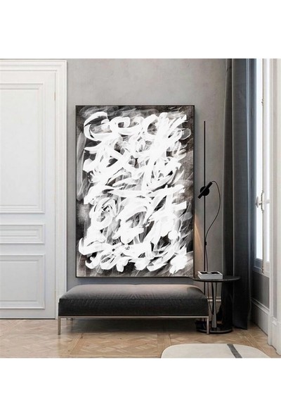 Tablo Plus Beyaz Karalama Yağlı Boya Dokulu Tablo 75CM x 100CM Gümüş Çerçeveli