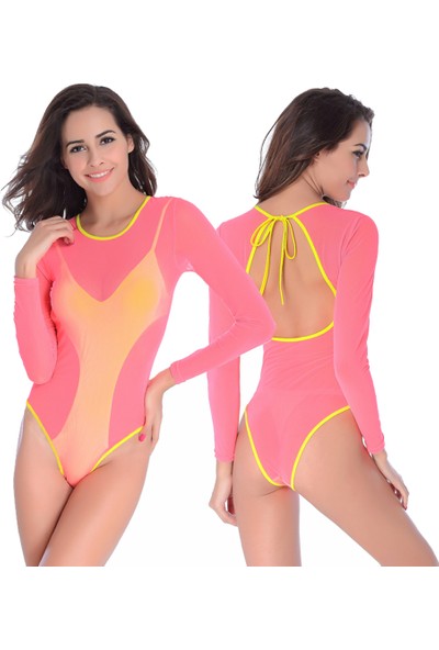 Cikrilan Kadın Yaz Uzun Kollu Tek Parça Mayo Backless Beachwear Cover Up Askı Etek (Yurt Dışından)