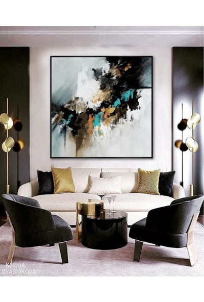 Tablo Plus Black Splash Soyut Yağlı Boya Dokulu Tablo 100CM x 150CM Siyah