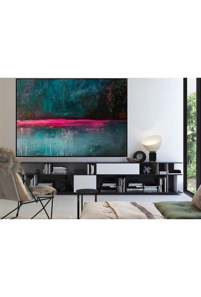 Tablo Plus Soyut Fuşya Koyu Yeşil Yağlı Boya Dokulu Tablo 90CM x 120CM Gold